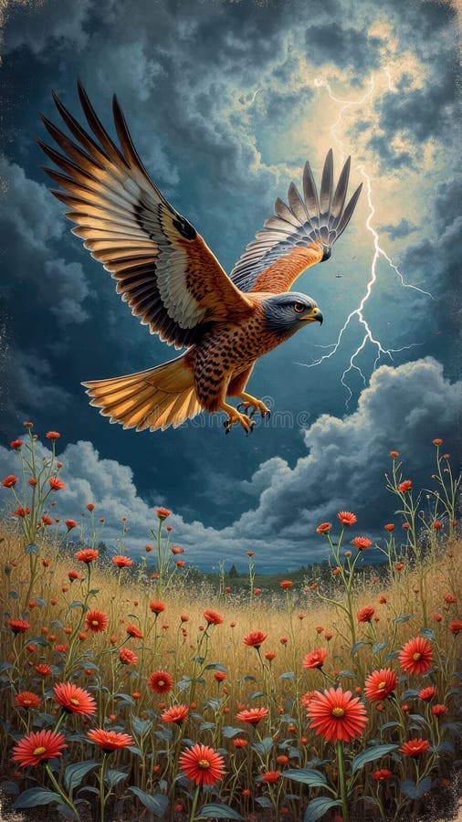 Majestic Hawk in Stormy Field with Vibrant Wildflowers and Lightning ...