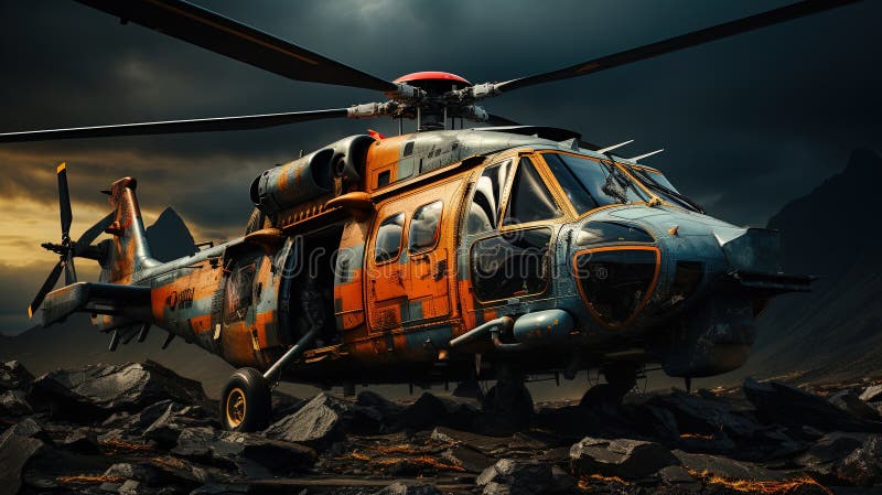 Majestic Helicopter at Night Time a Cloudy Sky in Blurry Background ...