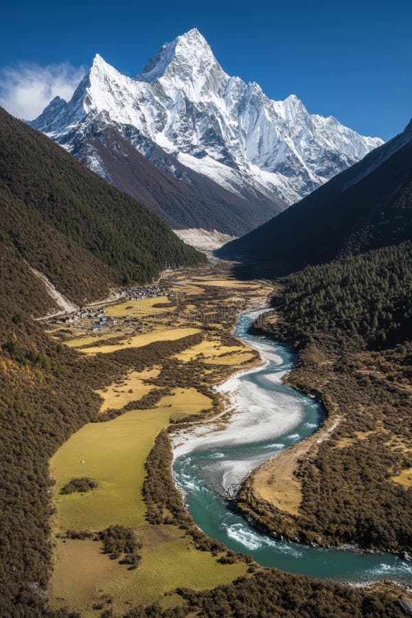 Majestic Himalayan Mountain Landscape with Serene River Valley Stock ...
