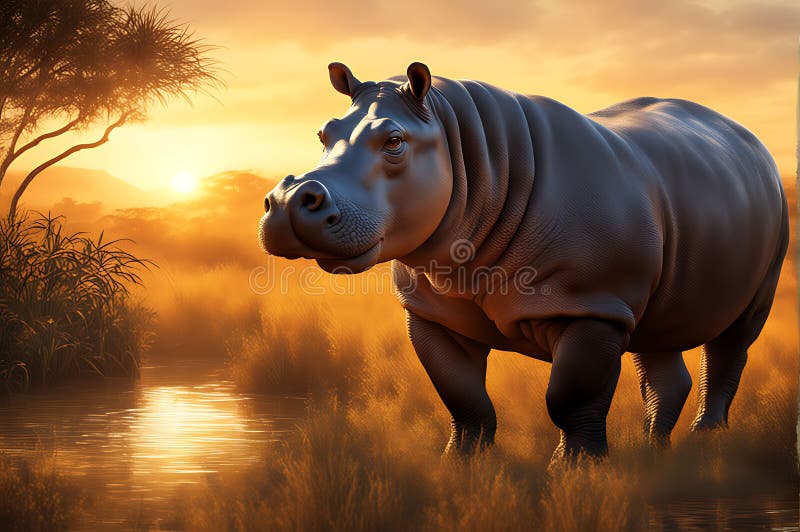 Majestic Hippopotamus Silhouetted Against Radiant Sun: 3D Render of ...