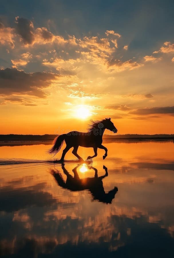Majestic Horse Galloping Across a Tranquil Beach at Sunset Stock ...