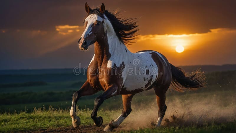 A Majestic Horse Galloping Against a Vibrant Sunset Backdrop Stock ...