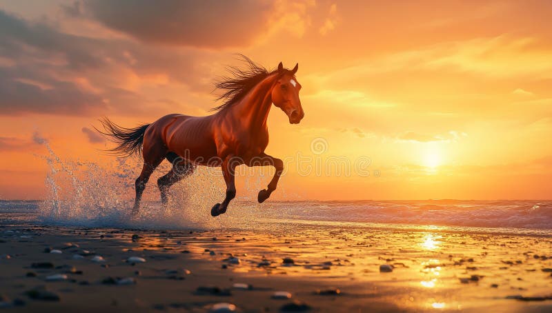Majestic Horse Galloping on Sandy Beach Under Orange Sunset Sky Stock ...