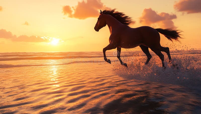 Majestic Horse Galloping on Sandy Beach Under Orange Sunset Sky Stock ...