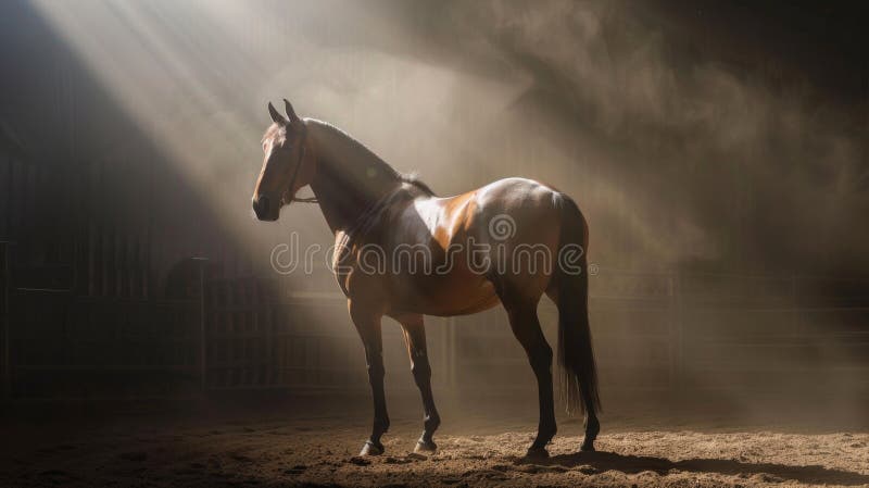 Majestic Horse in Sunlit Dusty Stable Scene Stock Image - Image of rays ...