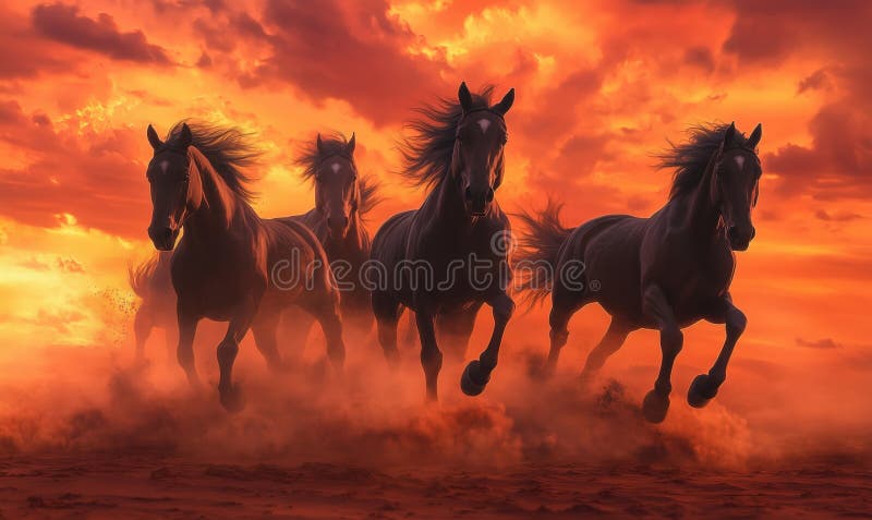 Majestic Horses Galloping Sunset Dramatic Clouds Dust Stock Photos ...