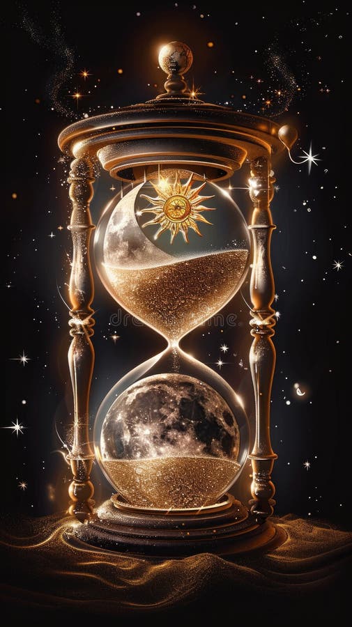 Majestic Hourglass with Moon, Sun, and Glittering Sand in Cosmic ...