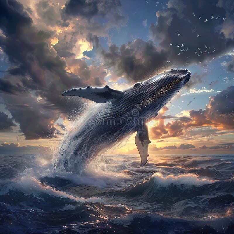 Majestic Humpback Whale Breaching at Sunset, Ocean Waves, Birds Flying ...