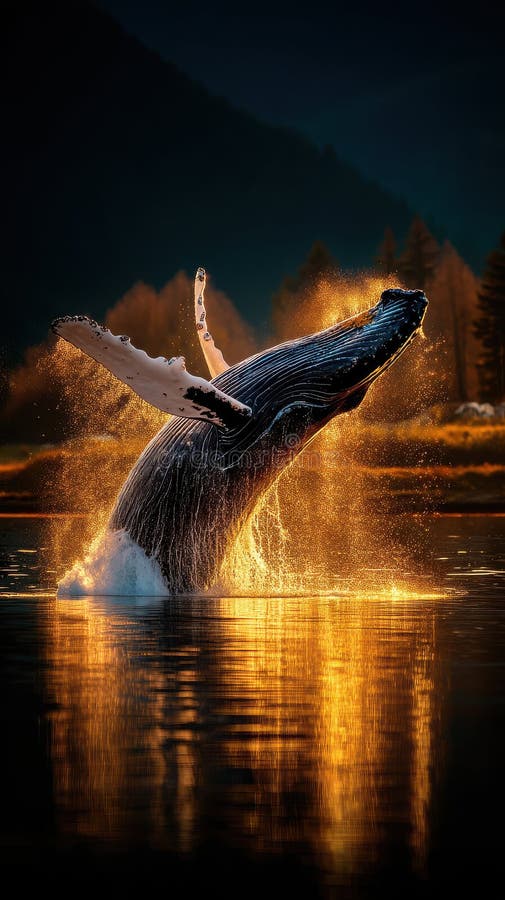 Majestic Humpback Whale Breaching in Waters with Golden Light and ...