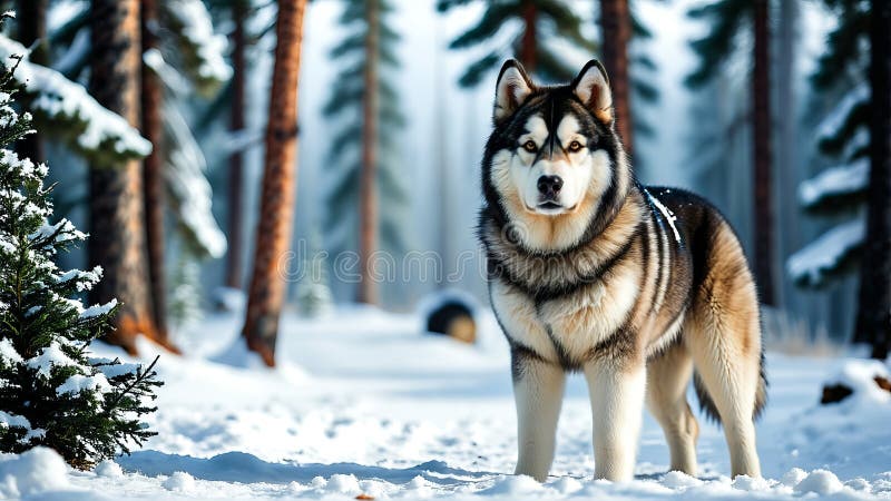 Majestic Husky Standing in Snowy Forest Under Winter Sunlight Stock ...