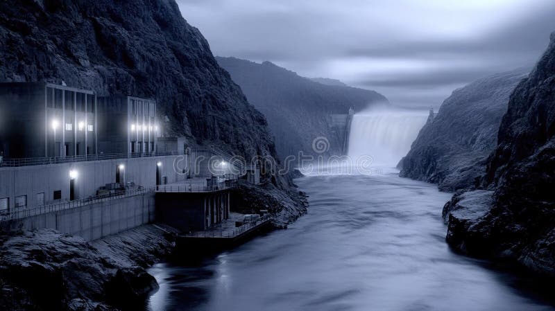 Majestic Hydro Dam at Night with Flowing Waterfall in Mountainous Gorge ...