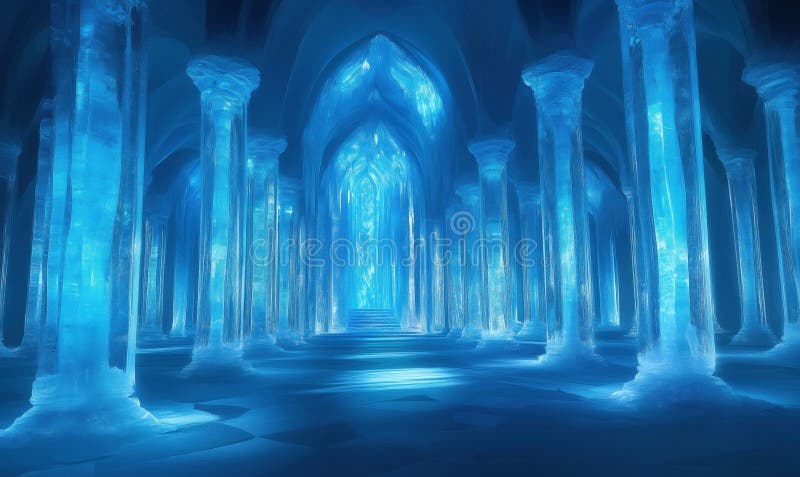 Majestic Ice Palace with Glowing Blue Columns and Ethereal Architecture ...