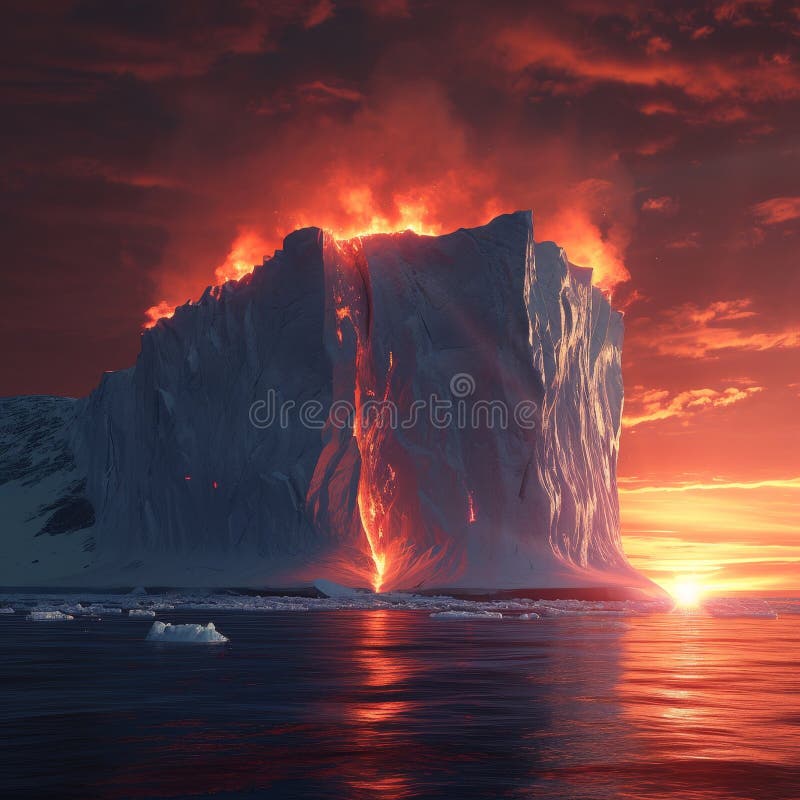 Majestic Iceberg with Lava Flow at Sunset Stock Illustration ...