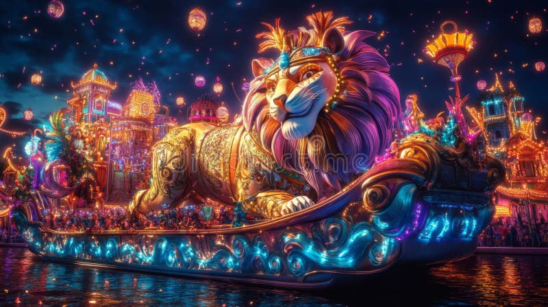 Majestic Illuminated Lion Float at Night Parade Stock Illustration ...