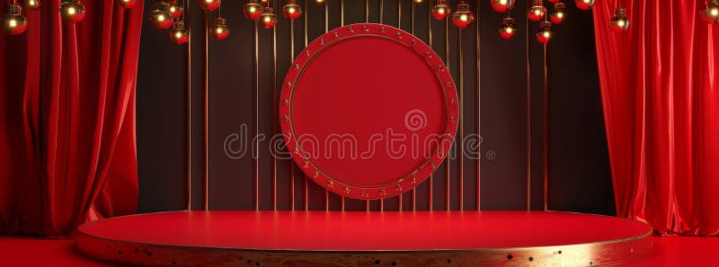 Regal Circular Stage with Lustrous Red Drapes and Glowing Orbs: a ...
