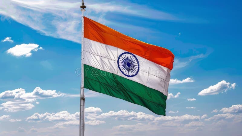 Majestic Indian Flag Fluttering Against Blue Sky with Clouds Stock ...