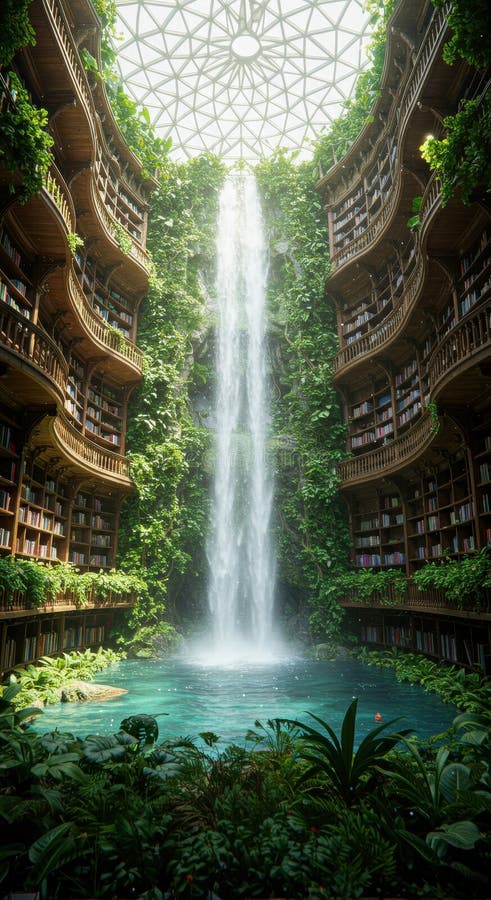 Majestic Indoor Library Waterfall with Lush Greenery and Sunlit Dome ...