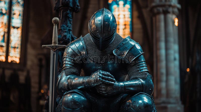 A Majestic Knight Statue Sits in Quiet Reflection. the Armor Glistens ...