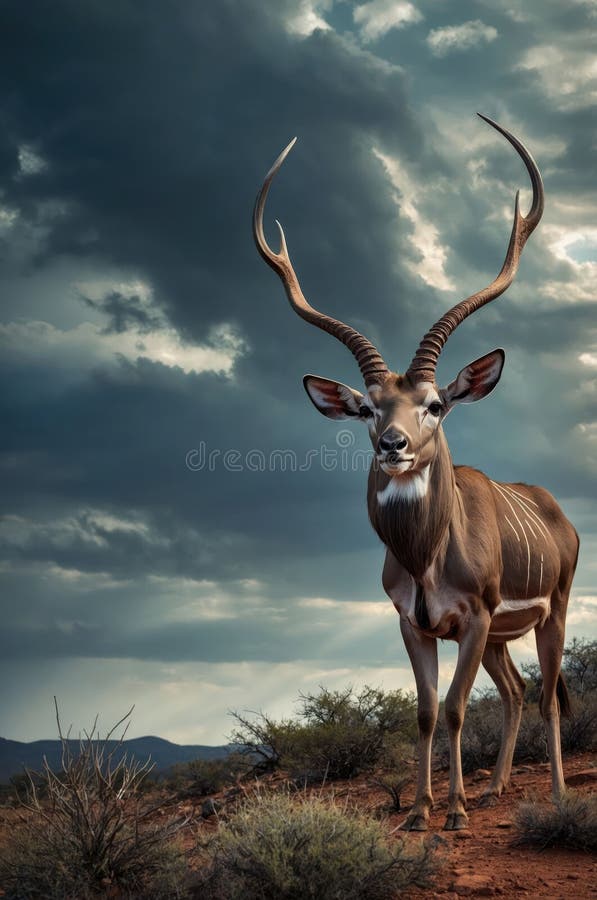 Majestic Greater Kudu Antelope with Dramatic Sky Stock Illustration ...