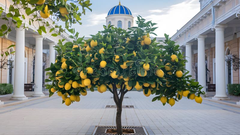 Majestic Lemon Tree with Classical Architecture and Blue Domed Building ...
