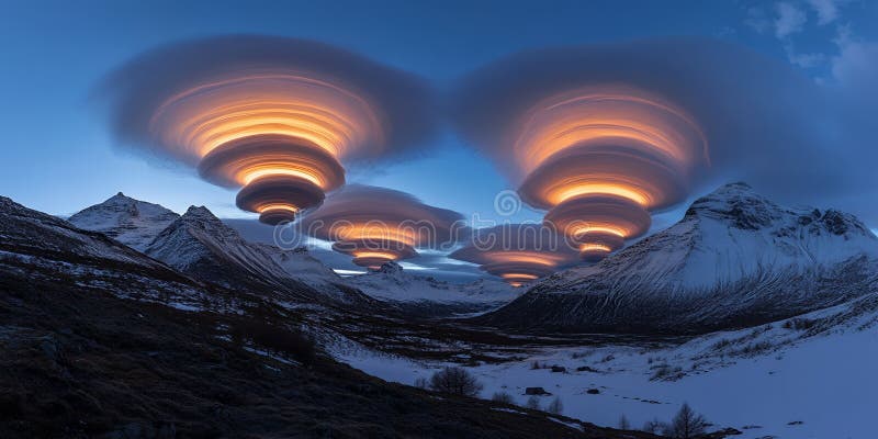 Majestic Lenticular Clouds Over Snow Capped Mountains at Sunset Stock ...