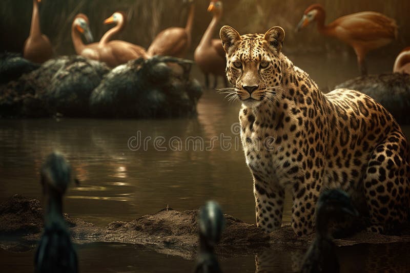Majestic Leopard among Birds in a Swamp. Generative AI Stock ...