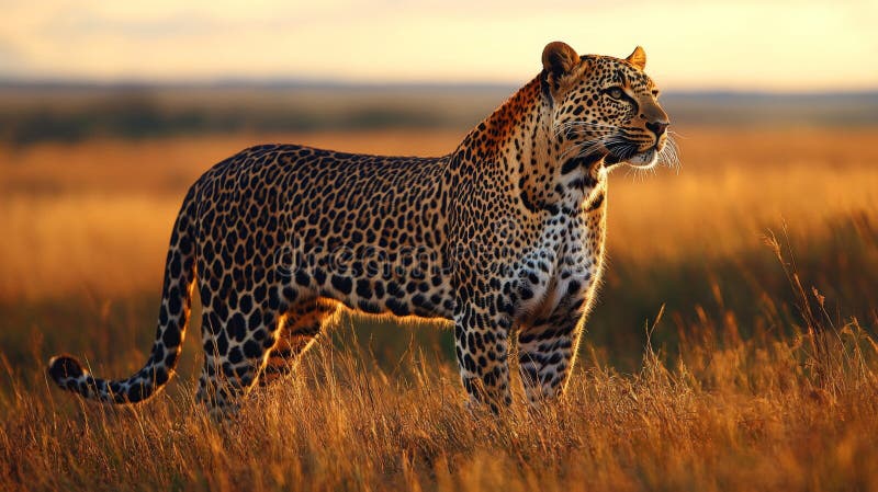 Majestic Leopard in Golden Hour Savanna Stock Illustration ...