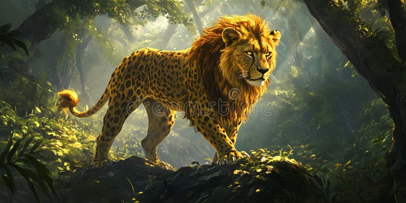 Majestic Leopard Lion in a Sunlit Jungle Stock Illustration ...