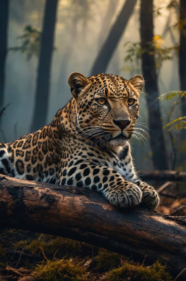 Majestic Leopard Resting on a Log in Misty Forest Stock Illustration ...