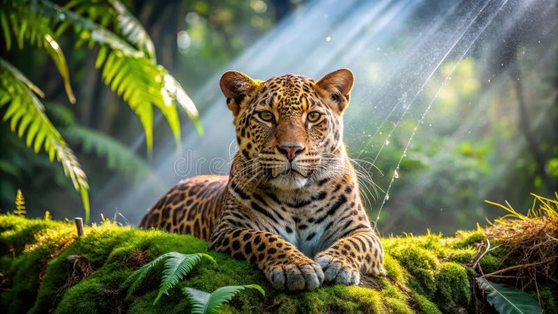 Majestic Leopard Resting on Mossy Surface in Sunlit Rainforest ...