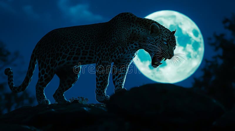 Majestic Leopard Silhouette Against a Full Moon at Night Stock Photo ...