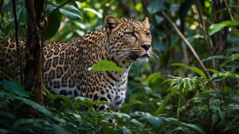 A Majestic Leopard Stands Amidst Lush Greenery in a Tropical Jungle ...