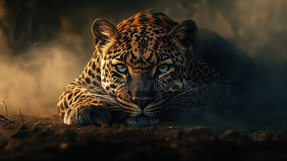 Majestic Leopard with Striking Blue Eyes, Low Angle, Dust Stock Image ...