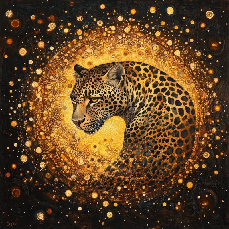 Majestic Leopard Surrounded by Cosmic Patterns and Golden Light Stock ...