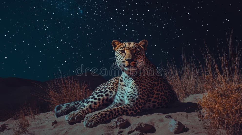 Majestic Leopard Under a Starry Night Sky Stock Illustration ...