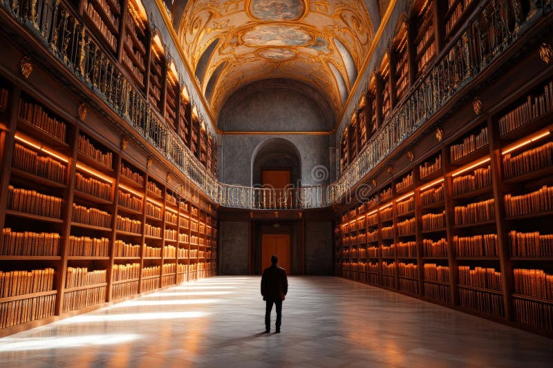 Majestic Library Interior with Vaulted Ceiling and Warm Lighting Stock ...