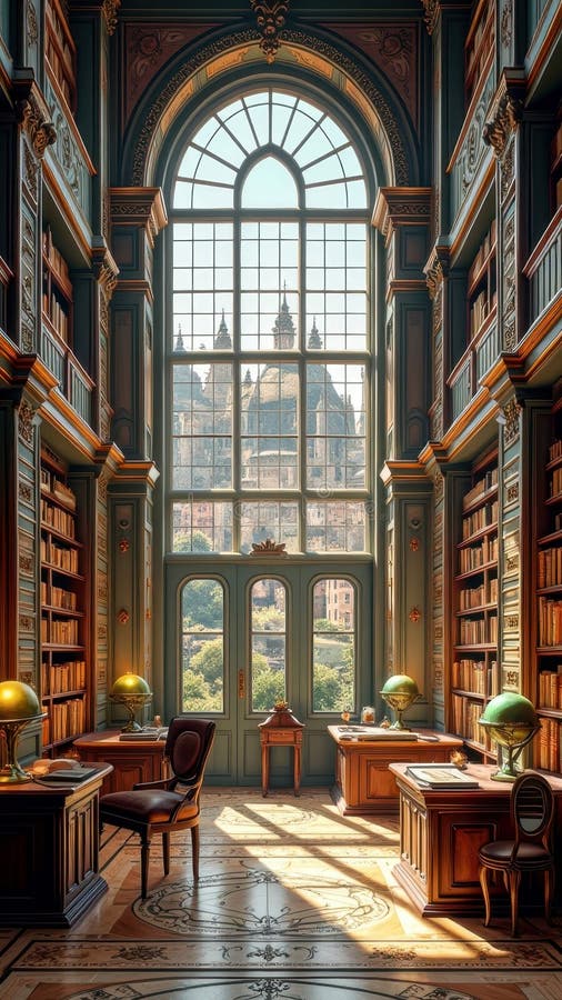 Majestic Library Interior with View of Historic Castle through Large ...