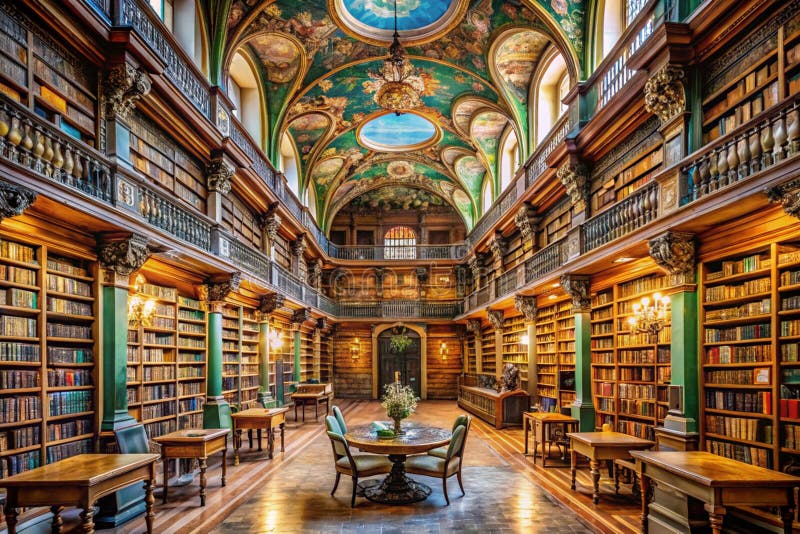 Majestic Library with Ornate Architecture, Glowing Light, and Endless ...