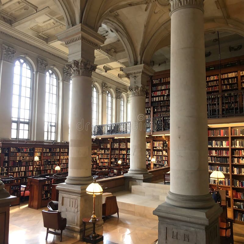 Majestic Library with Towering Bookshelves, Stone Columns, and Natural ...