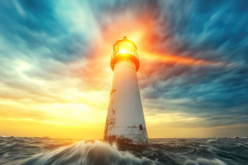 Majestic Lighthouse Amidst Dramatic Ocean Waves at Sunset Stock Photo ...