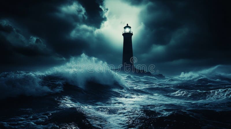 Majestic Lighthouse Enduring Ferocious Storm Waves at Night Stock Photo ...