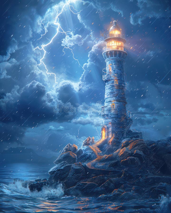 Majestic Lighthouse Illuminated by Thunderstorm a Serene and Dramatic ...