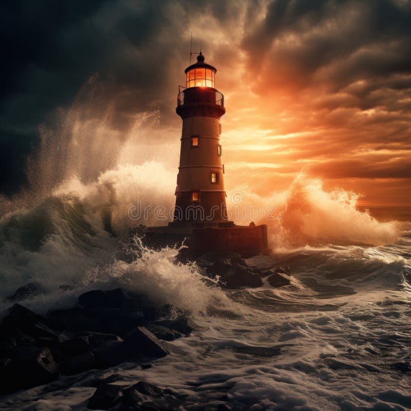 Majestic Lighthouse Illuminating the Night AI Generated Stock ...
