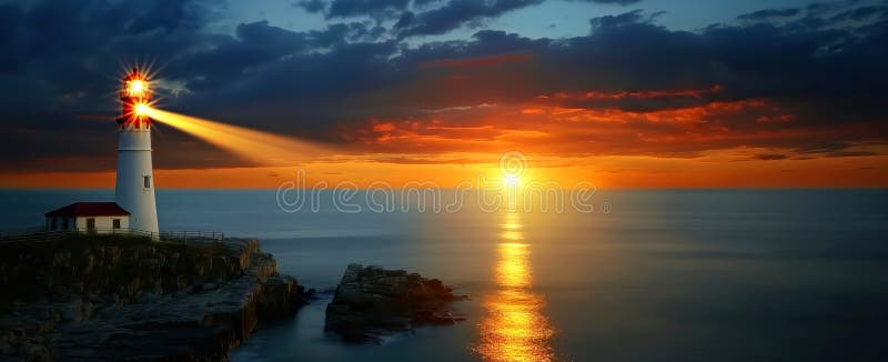 Majestic Lighthouse Illuminating the Ocean at Sunset with Dramatic Sky ...