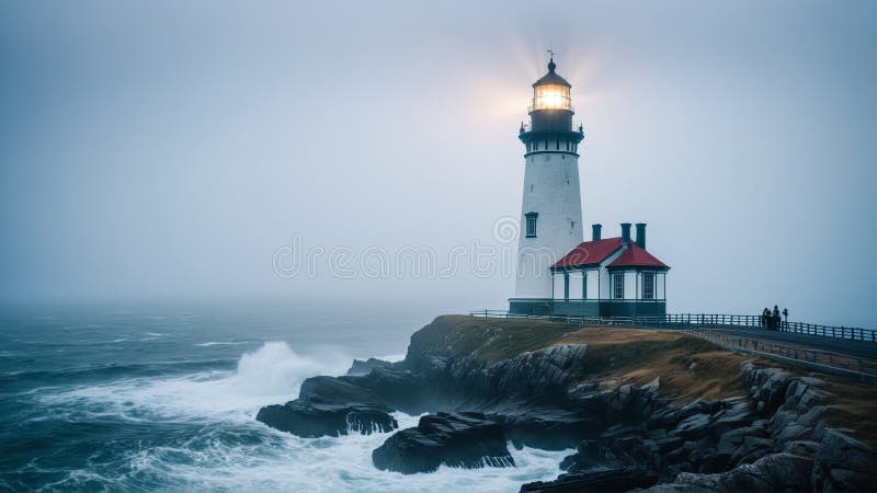 Majestic Lighthouse Overlooking Stormy Ocean at Dusk Stock Photo ...