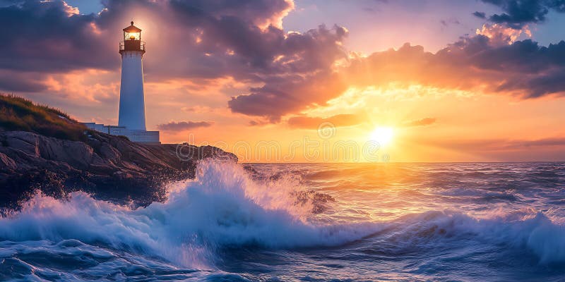 Majestic Lighthouse Sunset Dramatic Ocean Waves Coastal Scene Stock ...