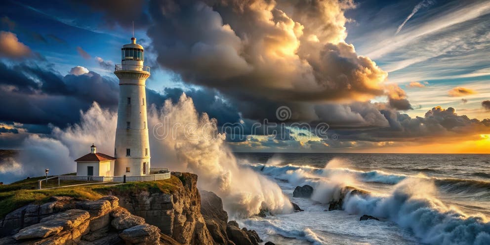 Majestic Lighthouse Withstanding Powerful Ocean Waves at Sunset ...
