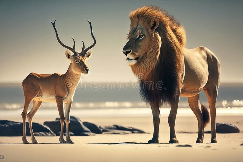 Majestic Lion and Antelope in Waves on a Beach Stock Illustration ...