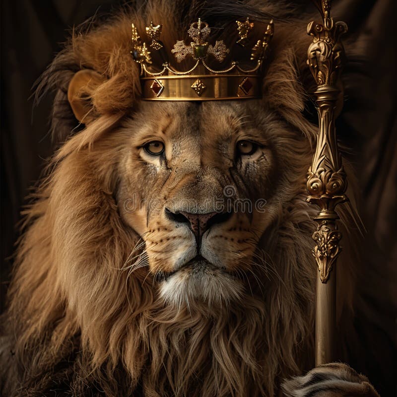 Majestic Lion King with Golden Crown and Scepter Stock Illustration ...