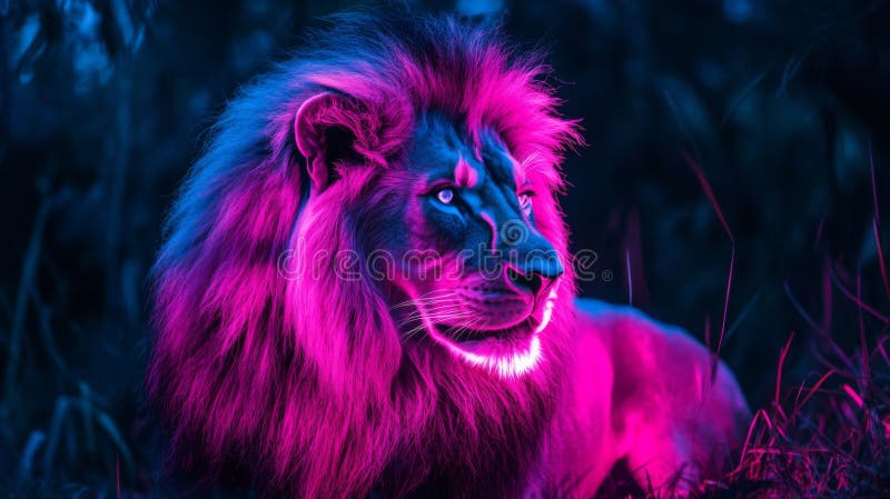 Majestic Lion in Neon Pink and Blue Light at Night Stock Illustration ...